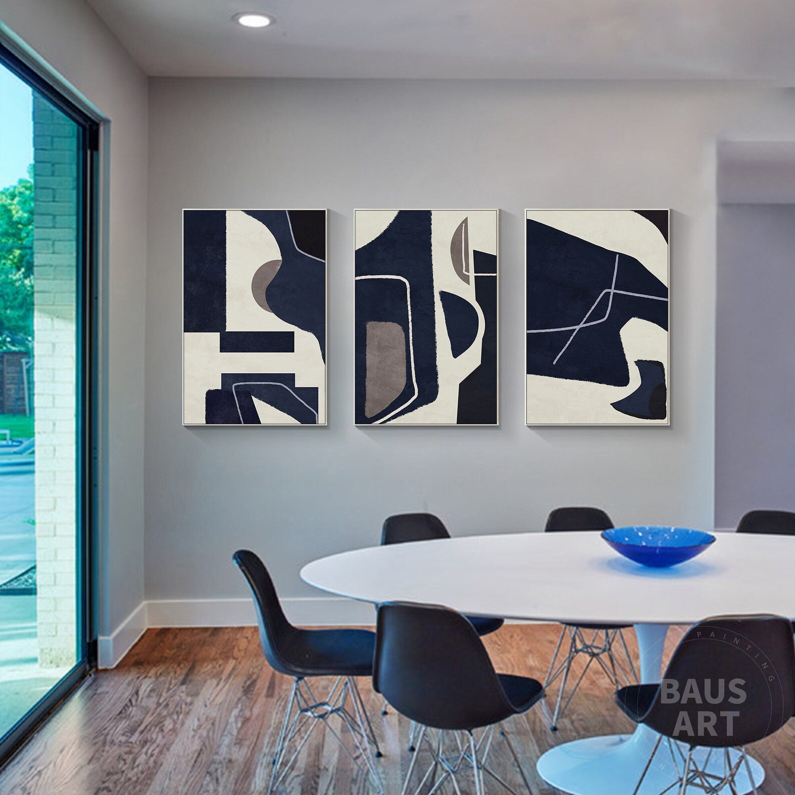 Set of 3 Navy Blue Wall Art Geometric Abstract Blue Wall Art Acrylic on ...