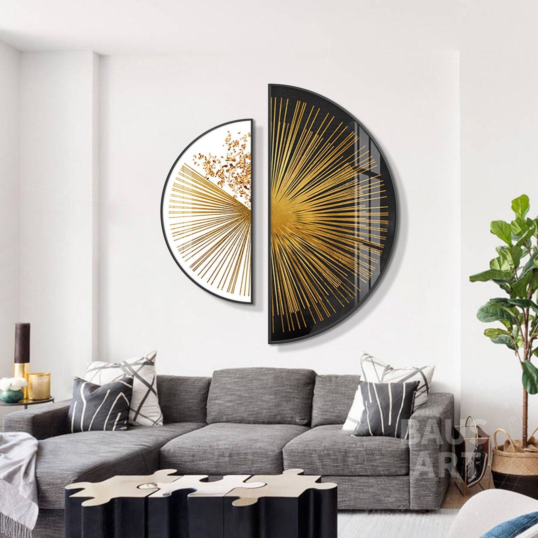 Set of 2 Round Wall Art Gold Line Asymmetric Round Print on Canvas ...