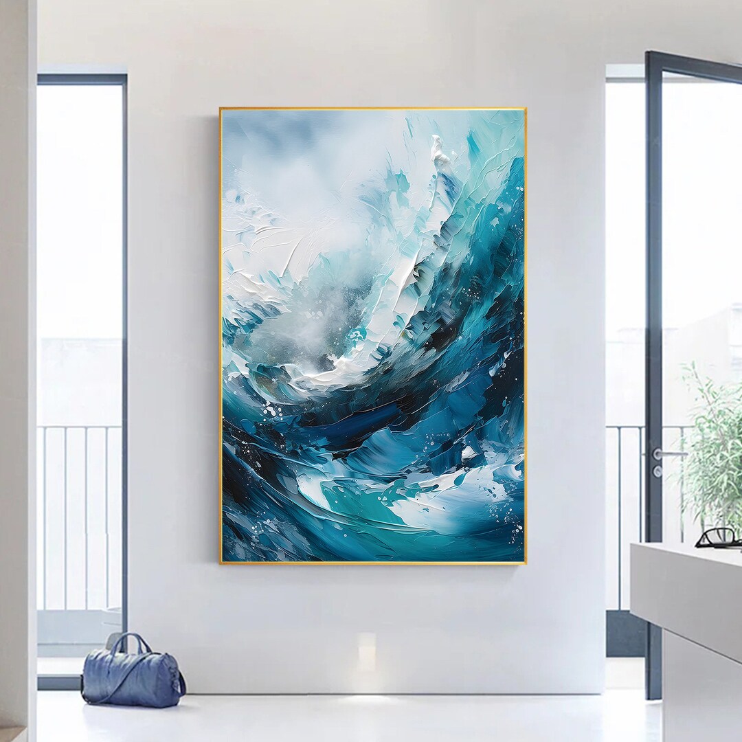 Turquoise Blue Abstract Ocean Wave Wall Art Textured Painting Acrylic ...