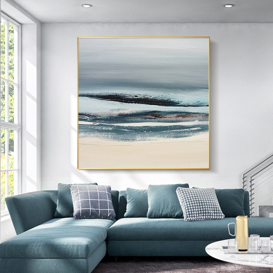 Abstract Cyan Blue Canvas Wall Art, Minimalist Beige Wall Art Canvas ...