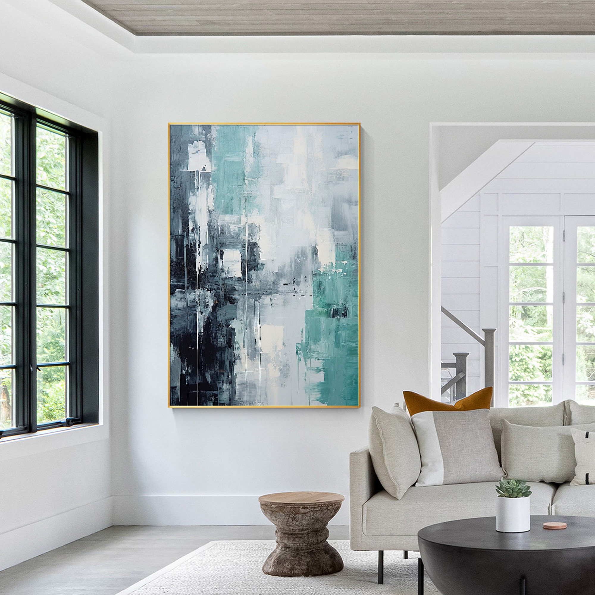 Abstract Teal Blue Grey Wall Art Acrylic Painting on Canvas Framed Wall ...