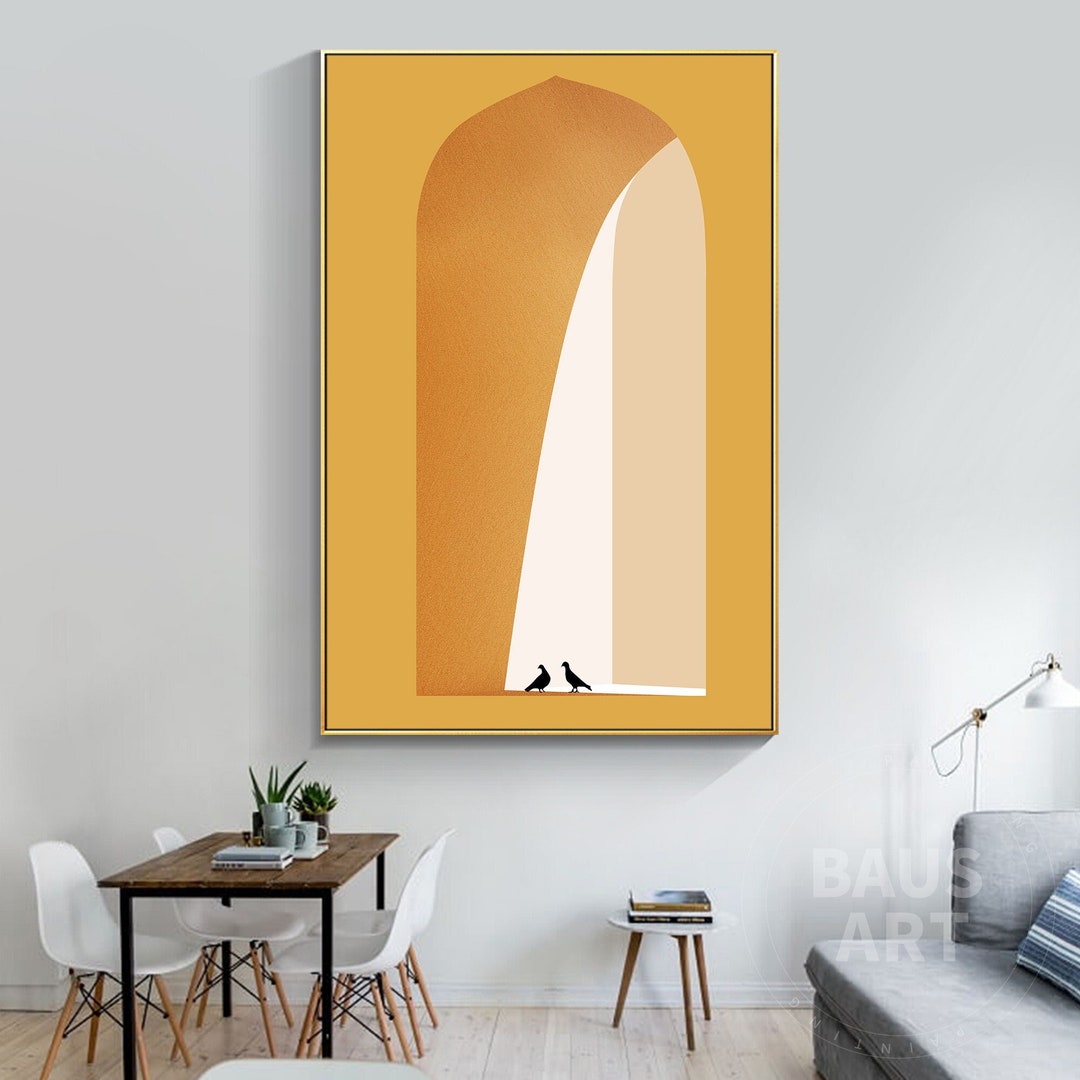 Dopamine Art Minimalist Abstract Orange Arches and Pigeons Painting on ...