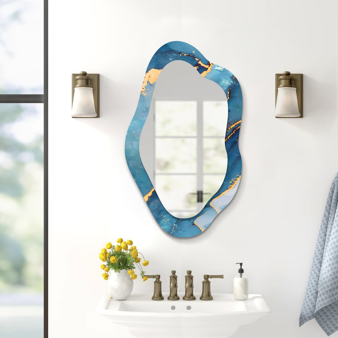 Irregular Wavy Mirror, Asymmetrical Blue Gold Mirror Wall Decor ...
