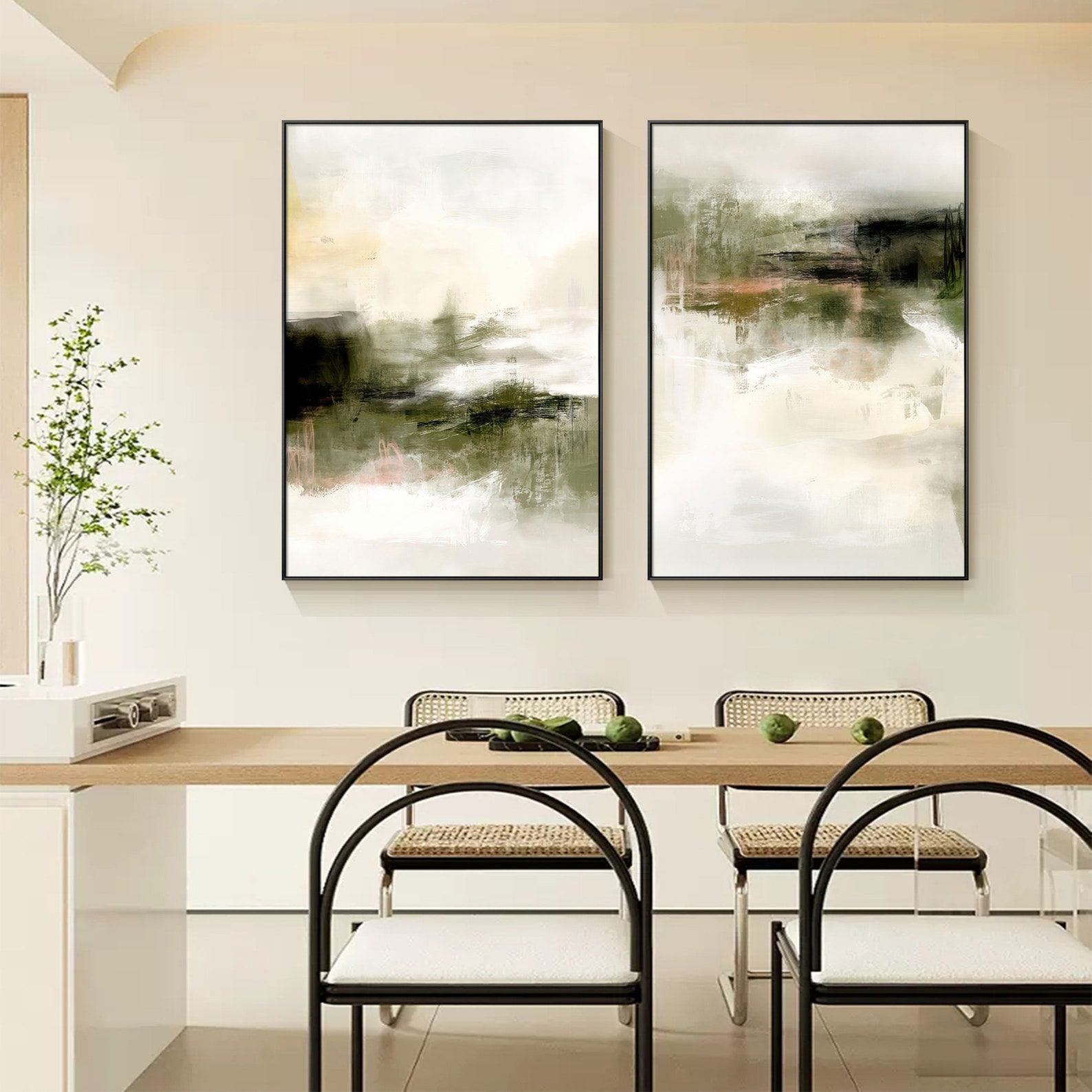 Set of 2 Olive Green Abstract Wall Art on Canvas Landscape Wall Art ...