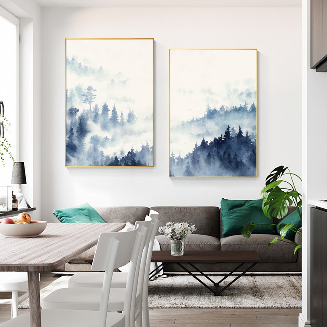 Set of 2 Blue Abstract Forest Wall Art Deep Blue Mountain Wall Art ...