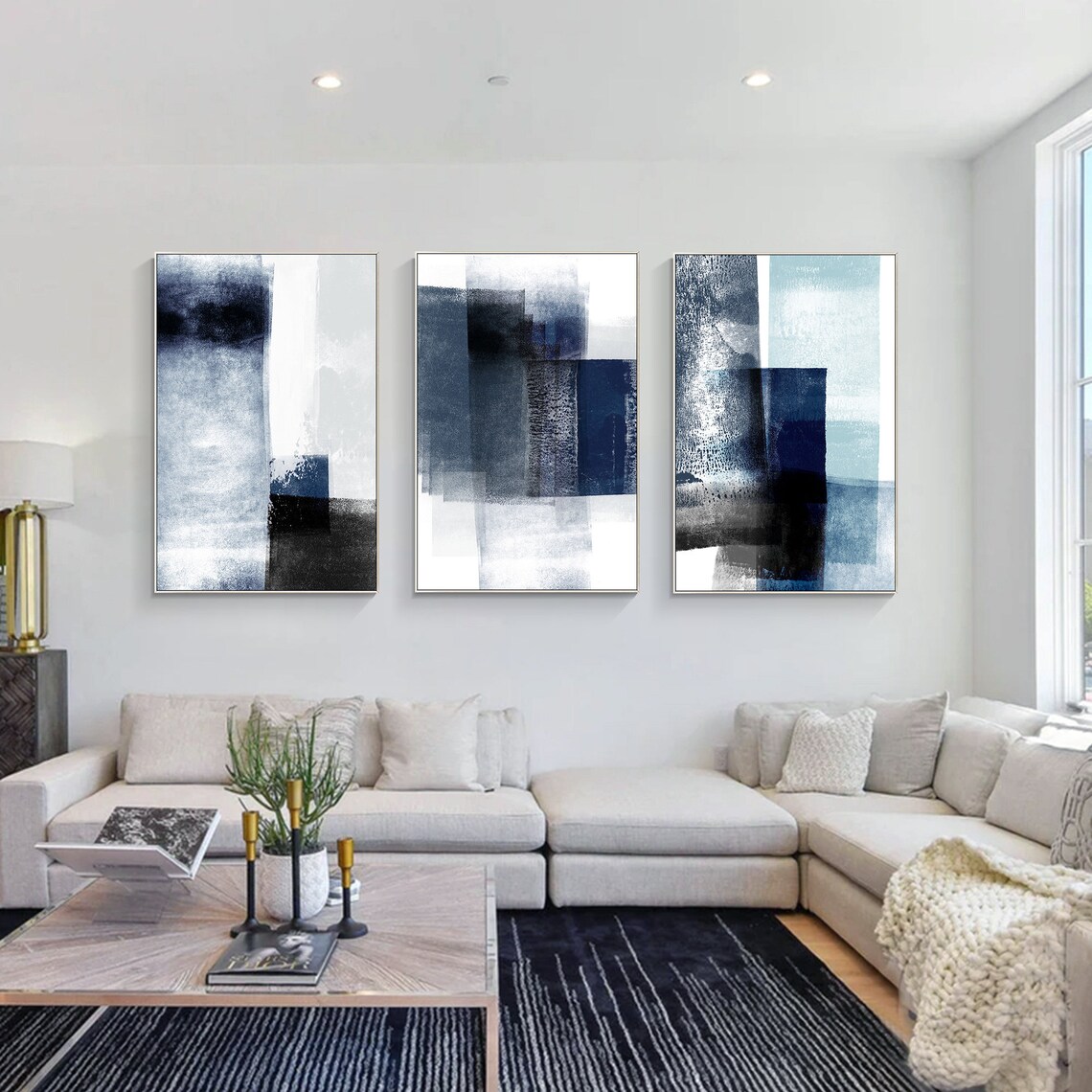 Navy Blue Wall Art Abstract Wall Art Set of 3 Canvas Painting Extra ...