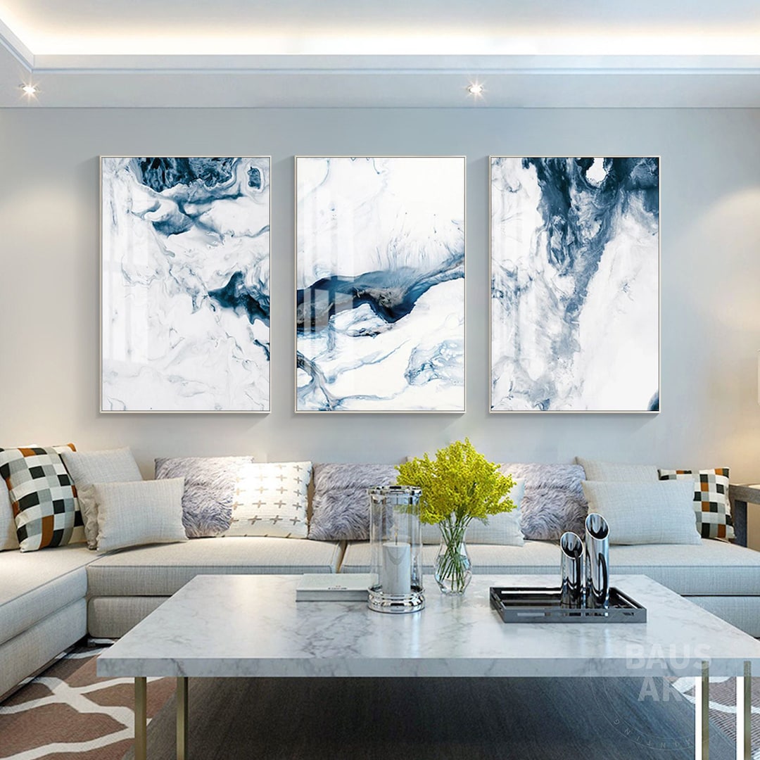 3 Piece Wall Art Abstract Pour Prints on Canvas Darkblue Fluid - Etsy