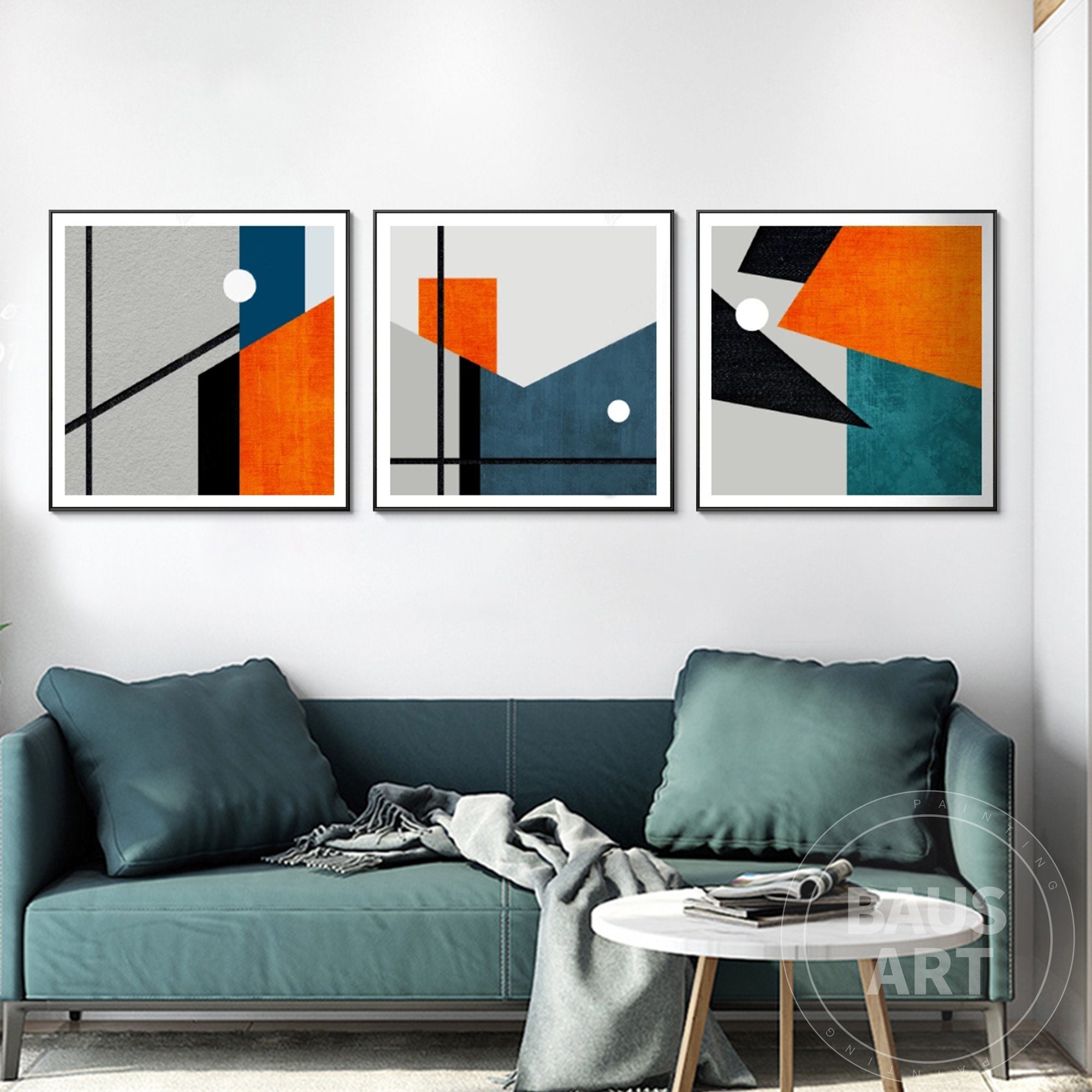 Geometric 3 Pieces Framed Wall Art Set of 3 Prints Green Orange Blue ...