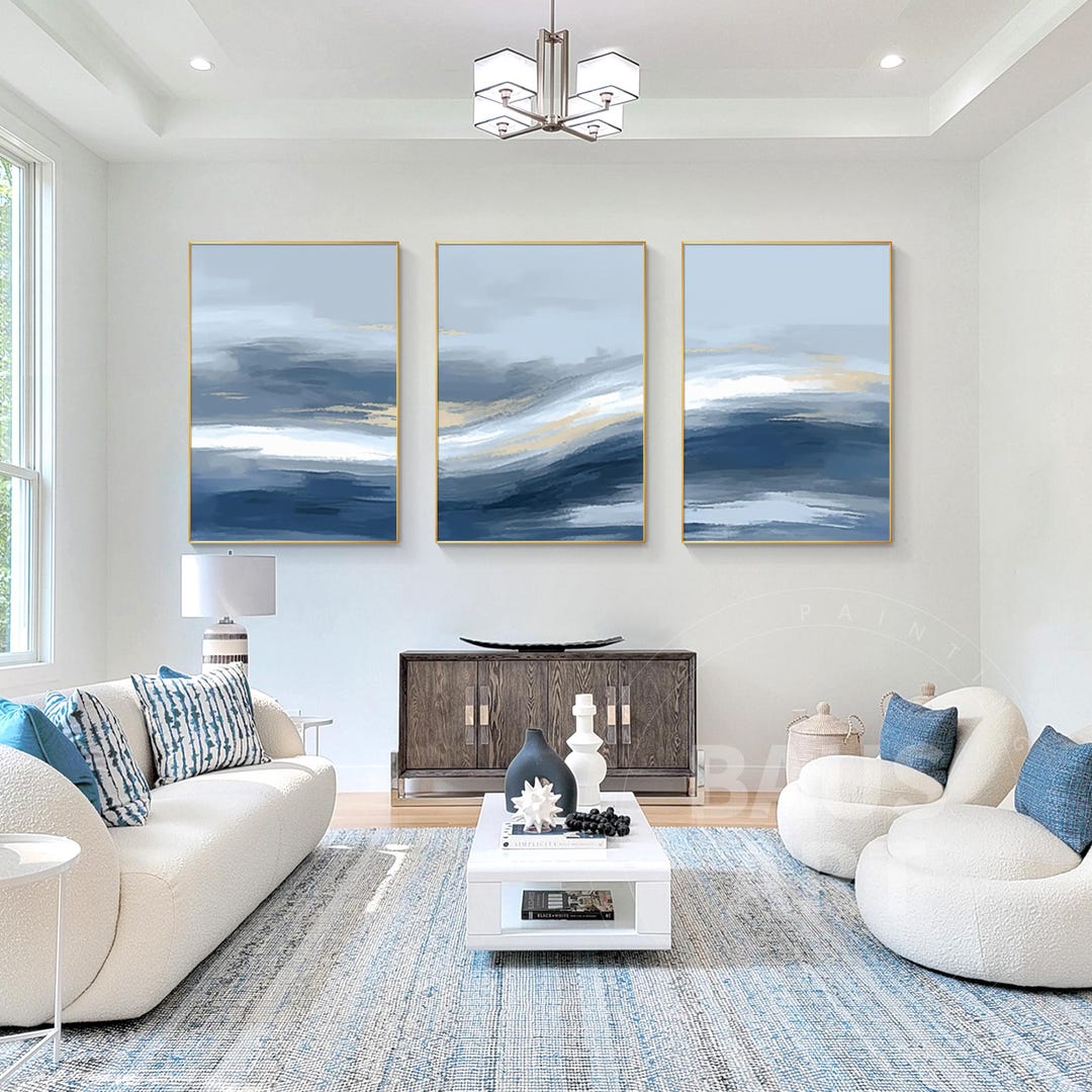 Navy Blue Gold Wall Art Abstract Wall Art Set of 3 Canvas Painting ...