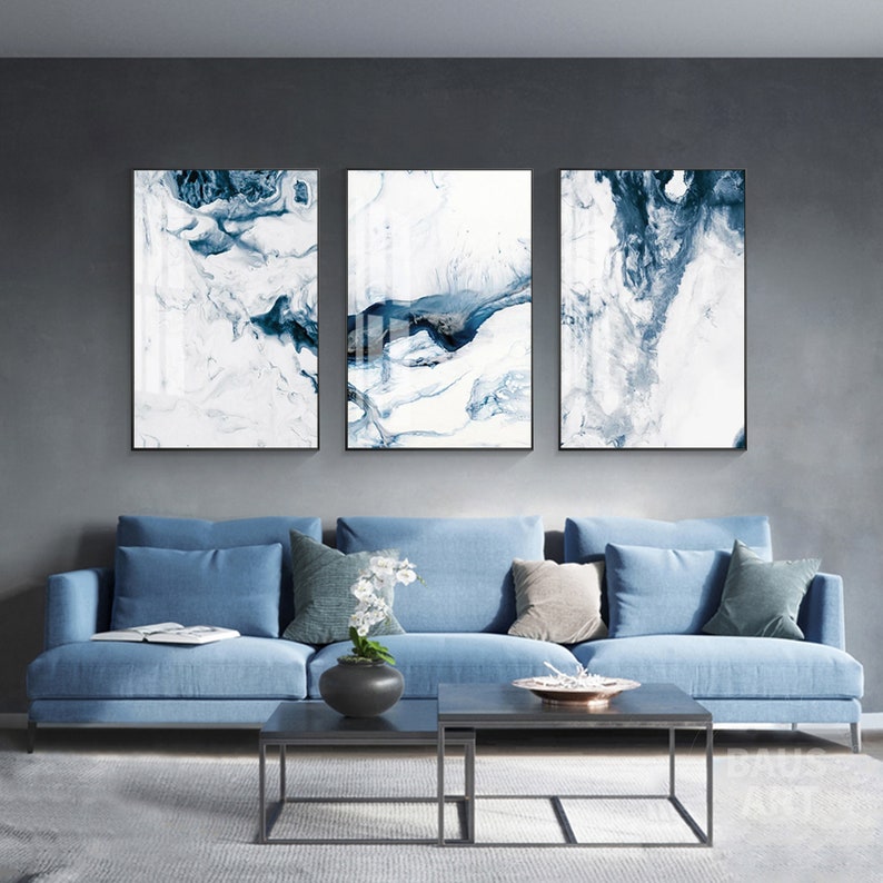 Blue Abstract Canvas Wall Art Fluid Abstract Pour Painting Art Set of 3 ...
