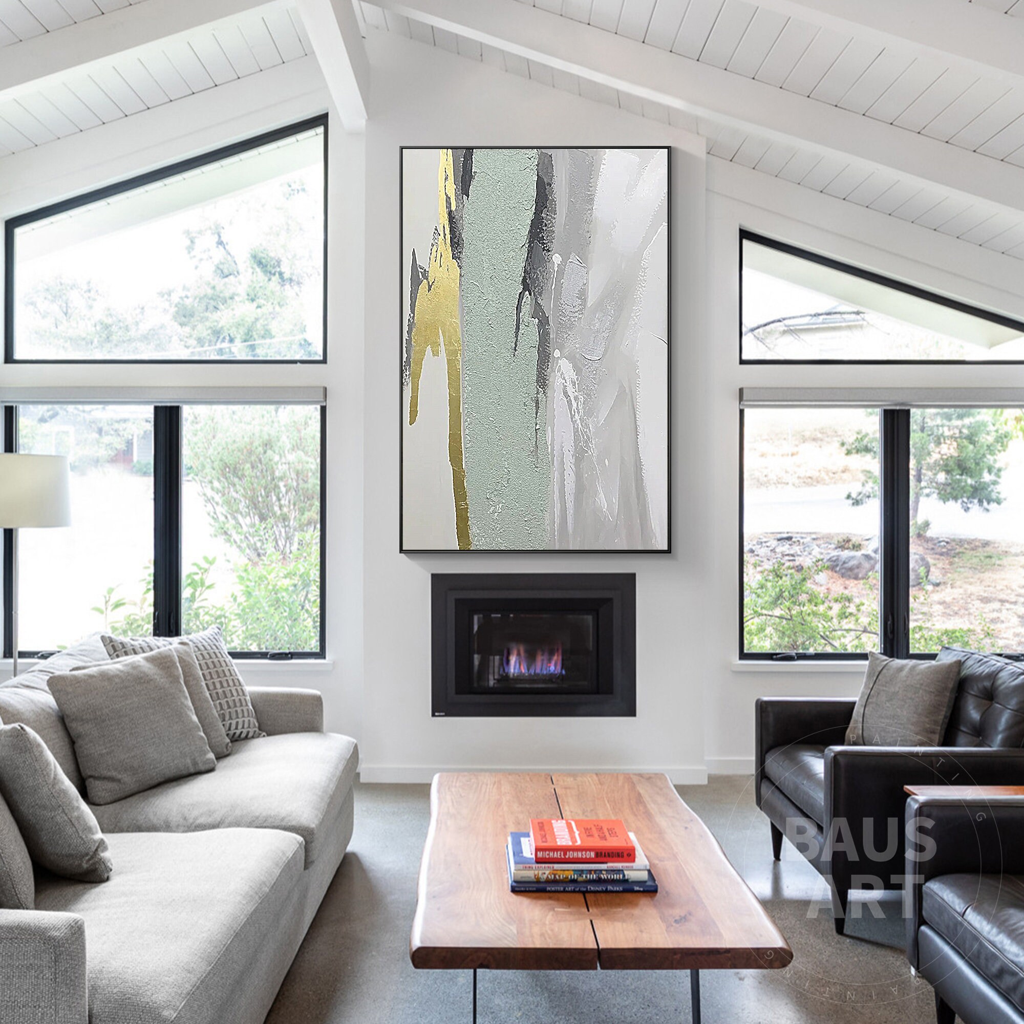 Abstract Morandi Green Gold Grey Wall Art Minimalist Painting Framed ...