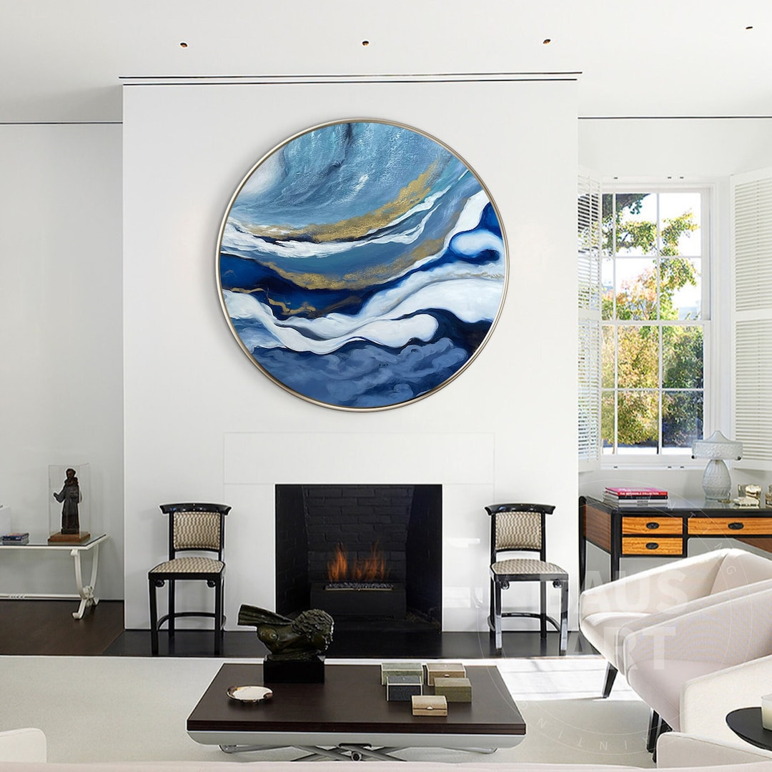Navy Blue Gold Wall Art, Circular Wall Art, Round Wall Art, Abstract ...