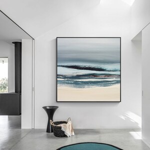 Abstract Cyan Blue Canvas Wall Art, Minimalist Beige Wall Art Canvas ...