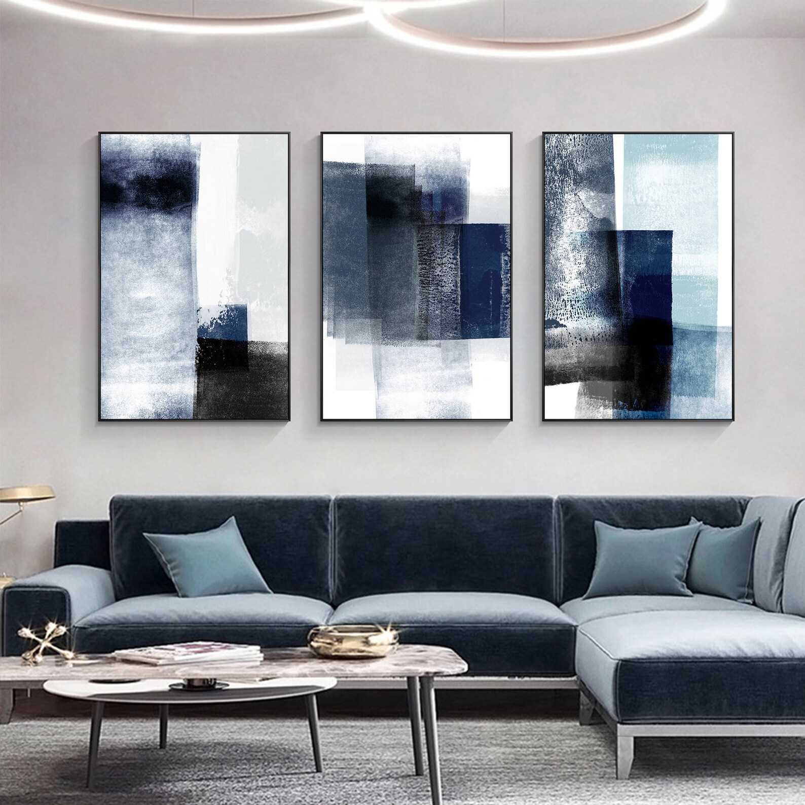 Navy Blue Wall Art Abstract Wall Art Set of 3 Canvas Painting Extra ...