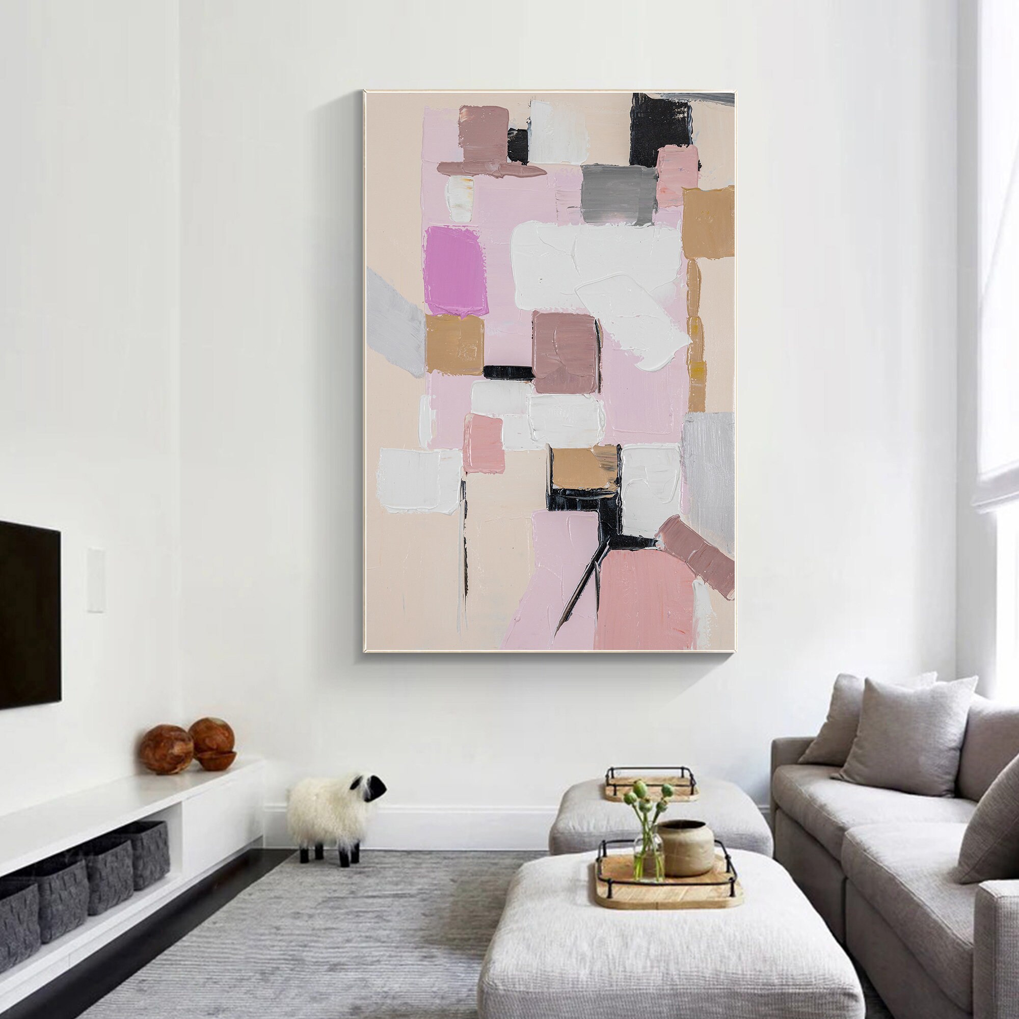 Creamy Abstract Textured Original Canvas Large Abstract Wall Art Pink ...