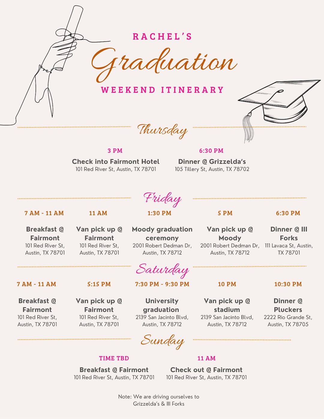 Editable Graduation Weekend Itinerary Template, Pink Orange Script ...