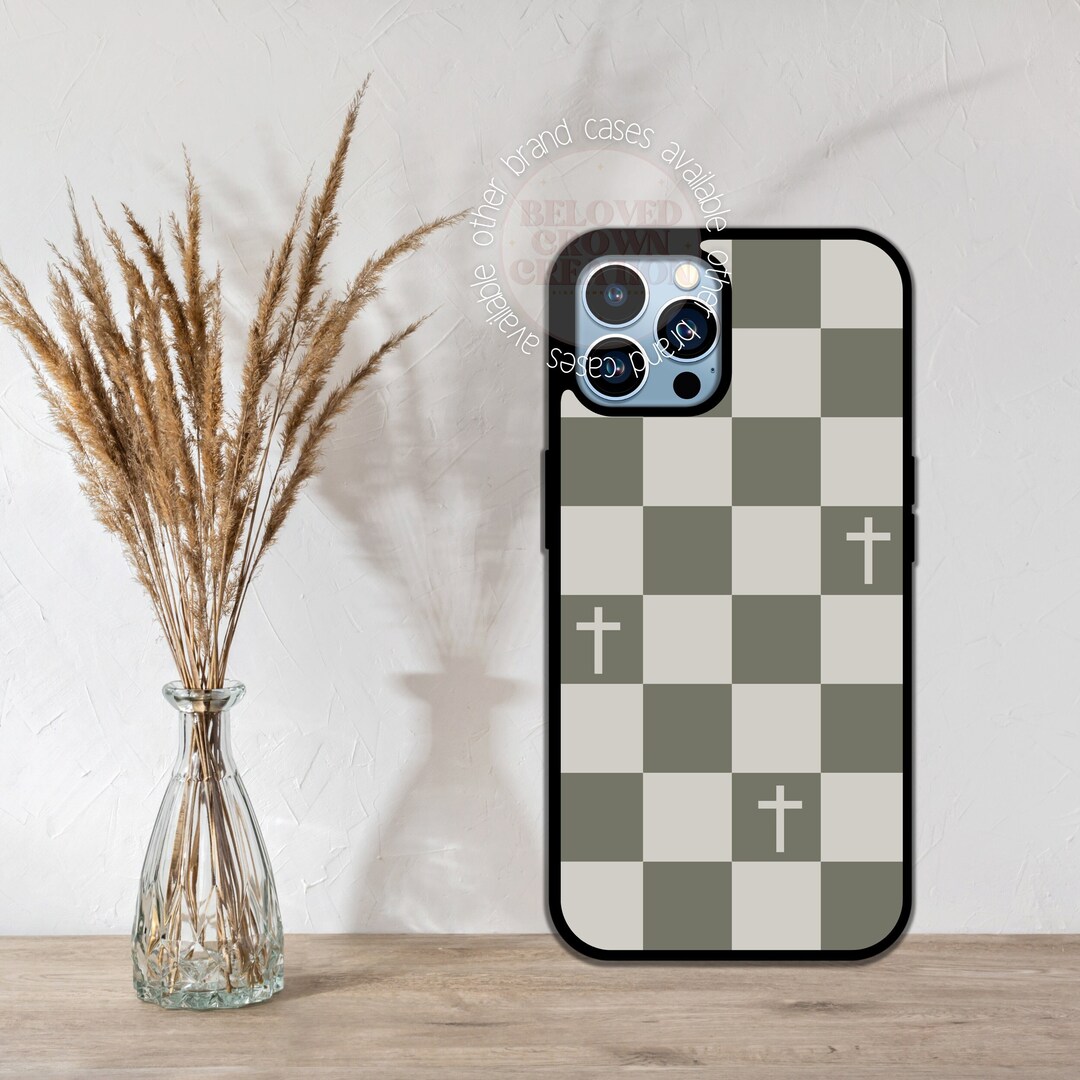 Minimalistic Sage Green Cross Checkered Phone Case, Aesthetically Faith ...