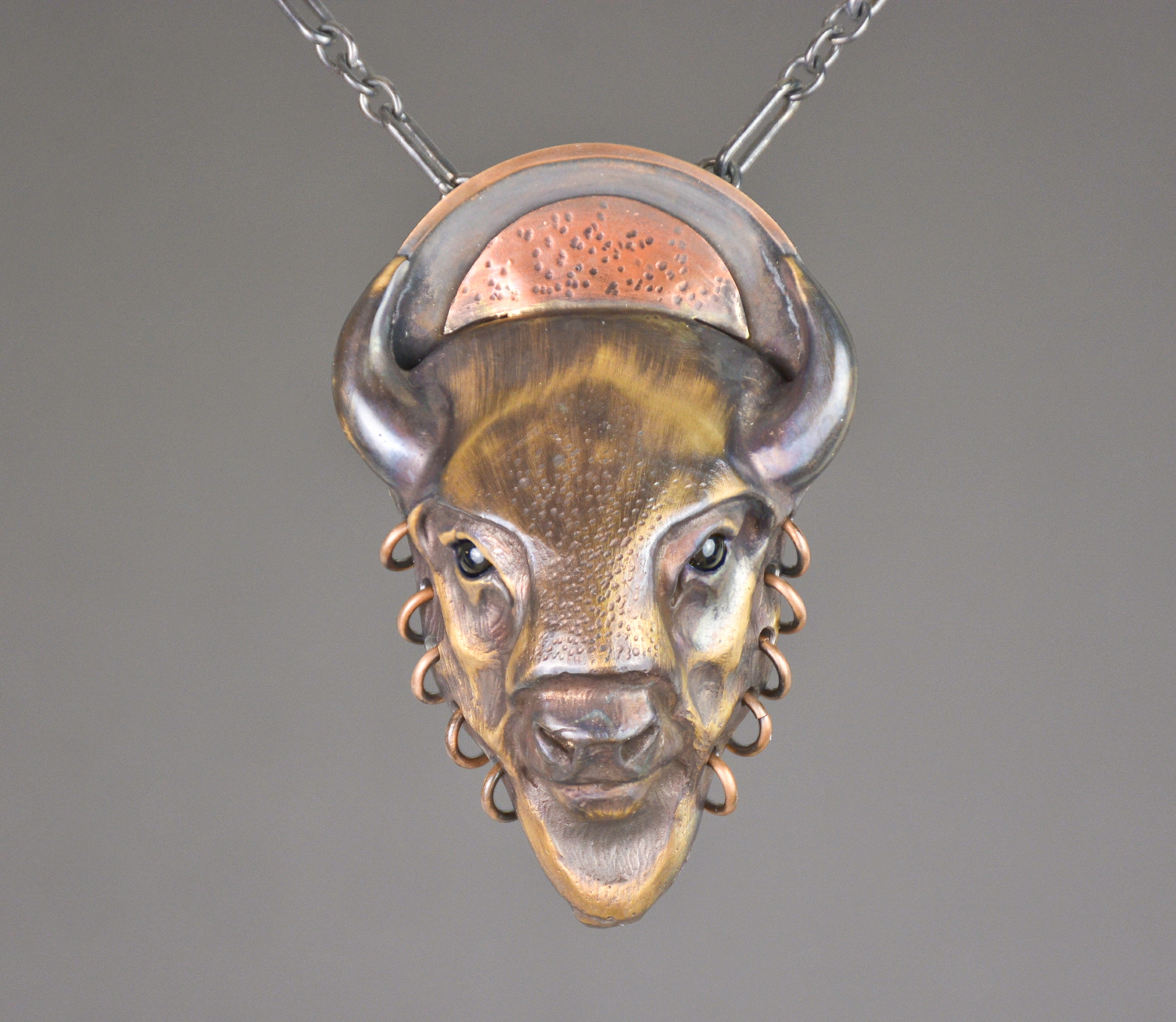 Brooke Stone Bull Bison Bronze Necklace With Copper Disc - Etsy