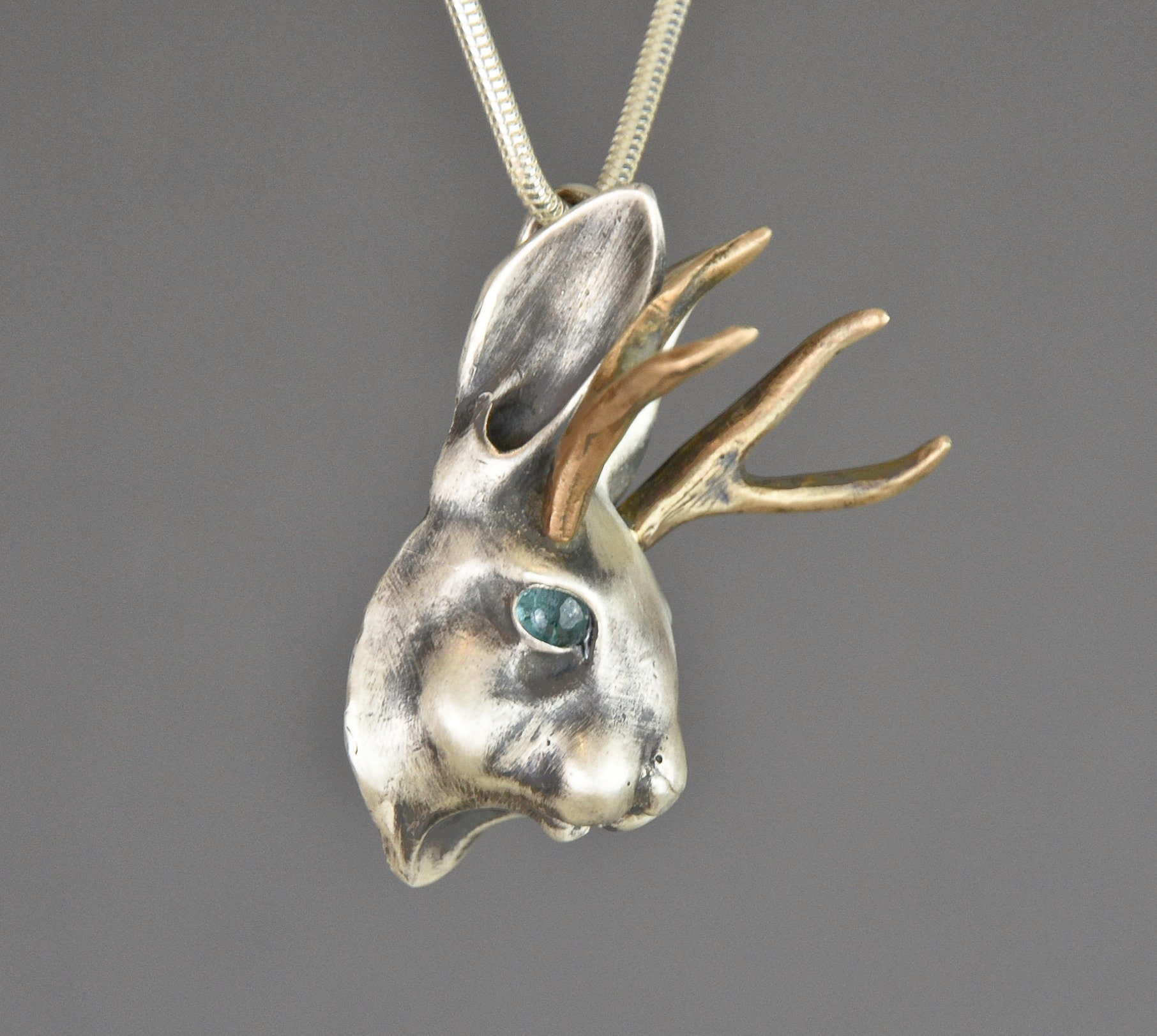 Brooke Stone Jackalope With Bronze Antlers Silver Necklace With Blue ...