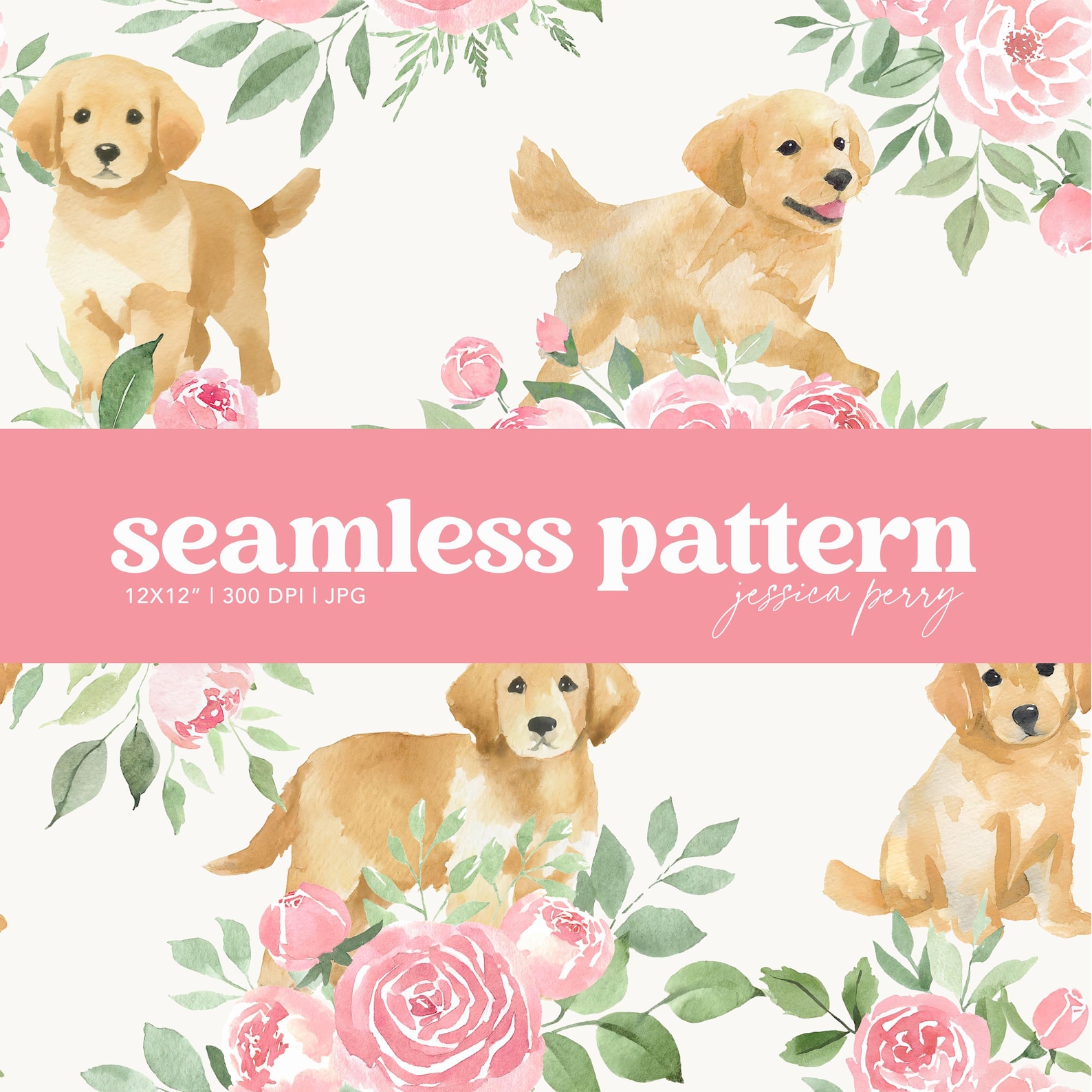 Pink Floral Golden Retrievers Seamless Pattern, Golden Retriever Dogs ...