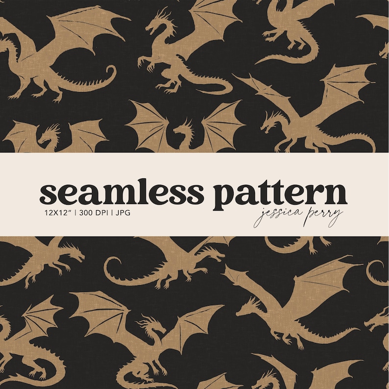 Black and Gold Dragons Seamless Pattern, Hand Drawn Fantasy Dragons ...