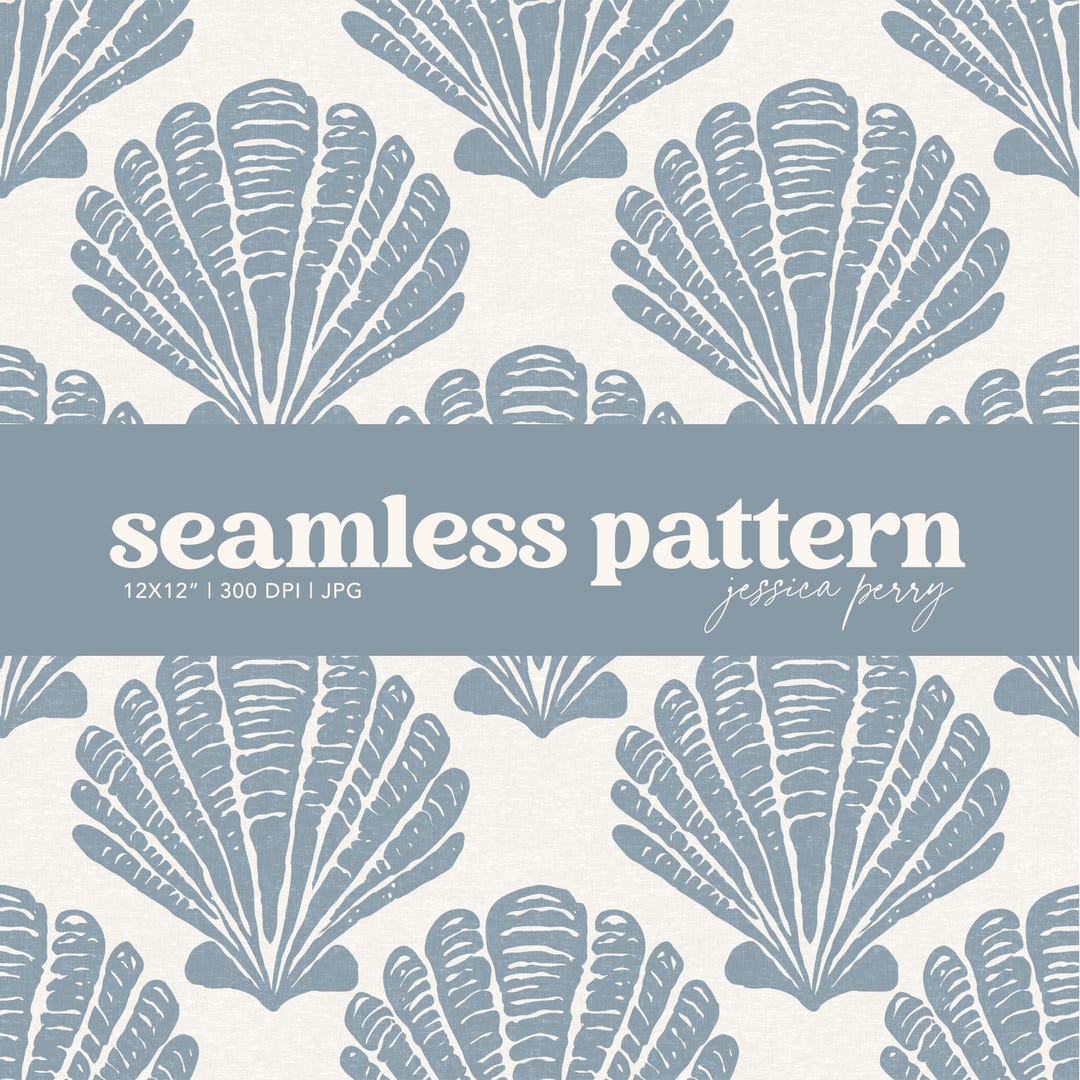 Blue Sea Shells Seamless Pattern, Block Print Coastal Sea Shells Repeating Pattern, Beach ...
