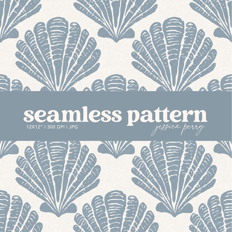 Blue Sea Shells Seamless Pattern, Block Print Coastal Sea Shells ...