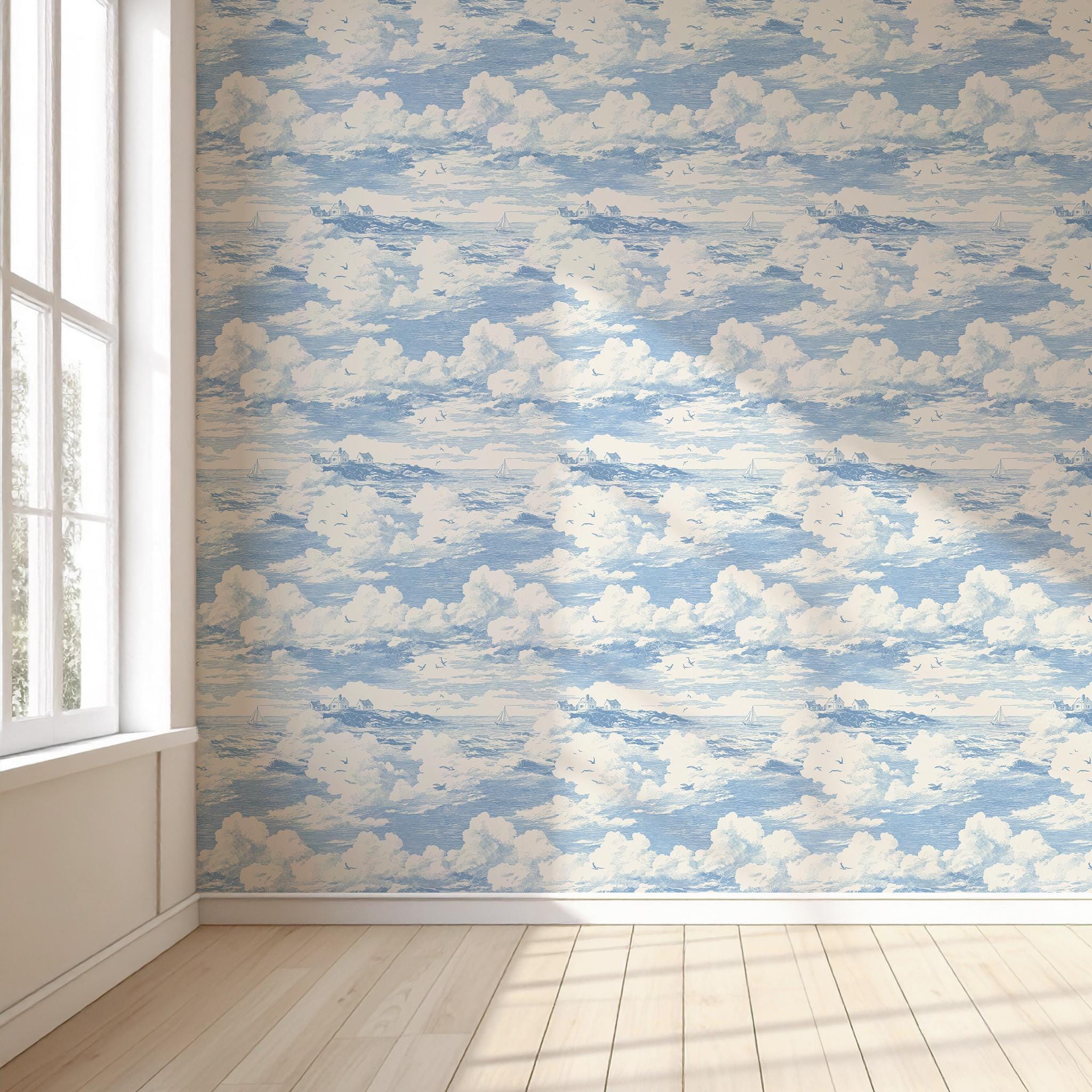 Blue Coastal Toile Seamless Pattern, Ocean Waves Repeating Pattern ...