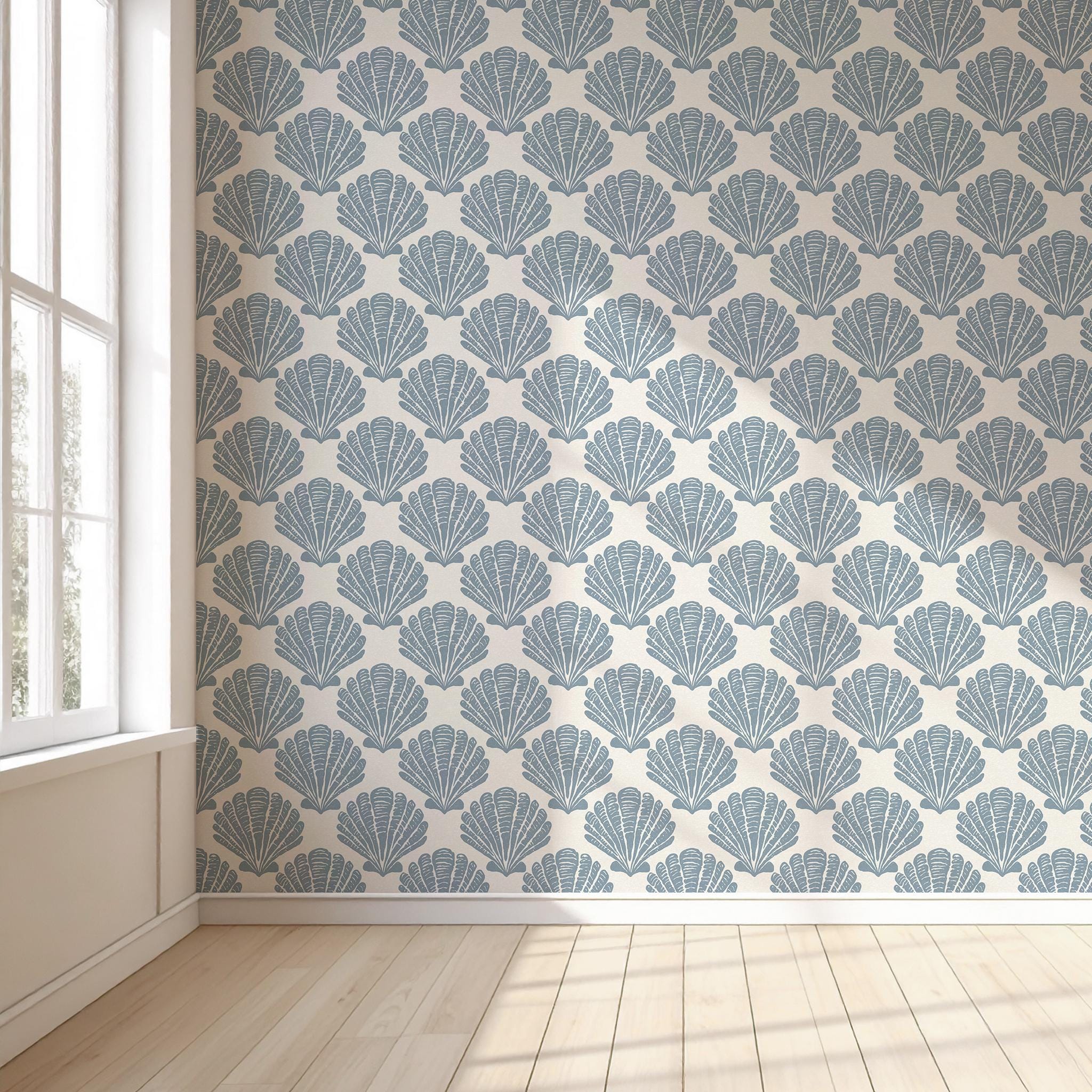 Blue Sea Shells Seamless Pattern, Block Print Coastal Sea Shells ...
