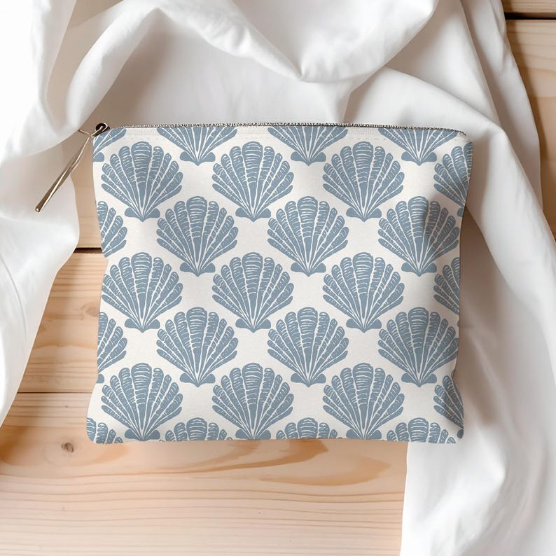 Blue Sea Shells Seamless Pattern, Block Print Coastal Sea Shells ...
