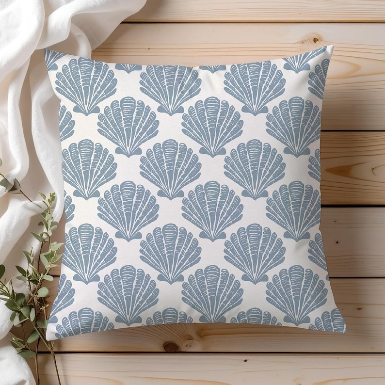 Blue Sea Shells Seamless Pattern, Block Print Coastal Sea Shells ...