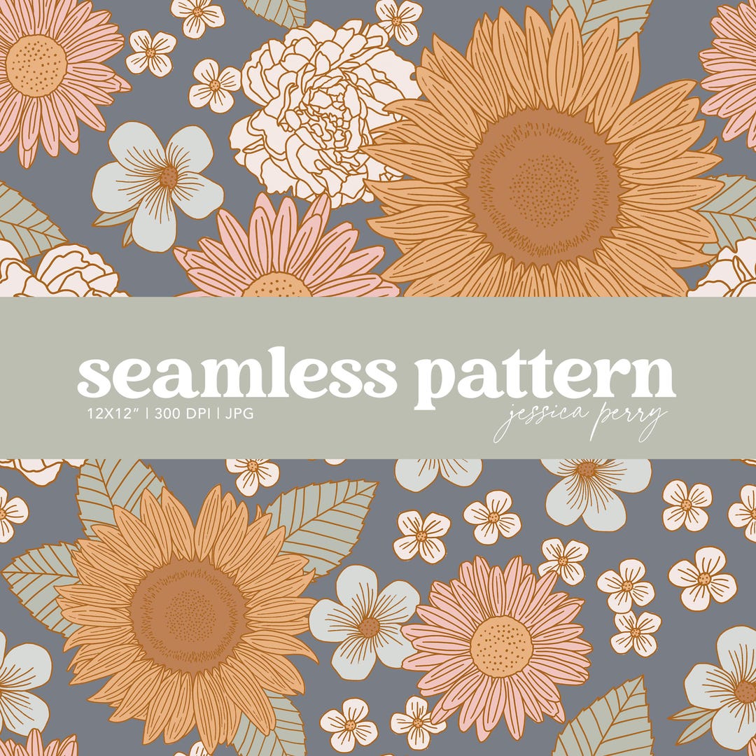 70s Blue Retro Floral Seamless Pattern, Muted Boho Sunflowers Repeating ...
