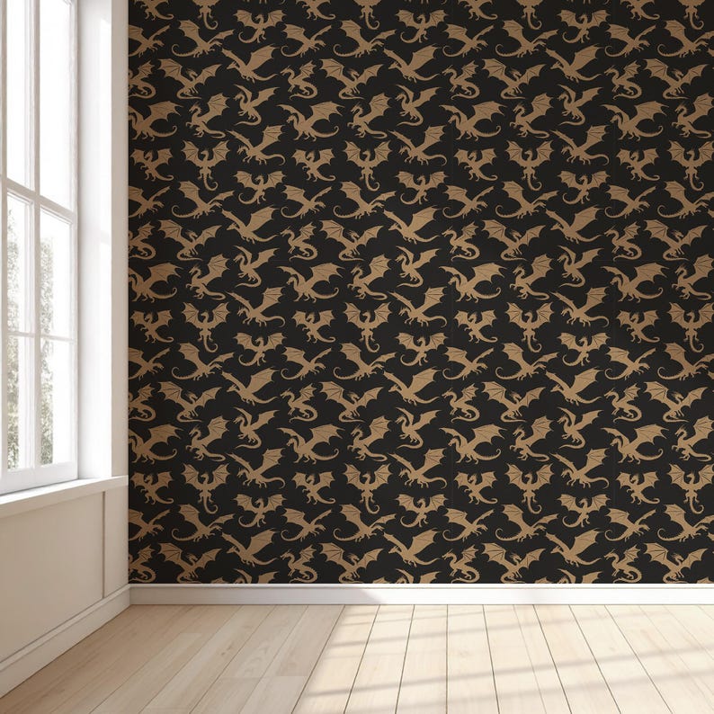 Black and Gold Dragons Seamless Pattern, Hand Drawn Fantasy Dragons ...