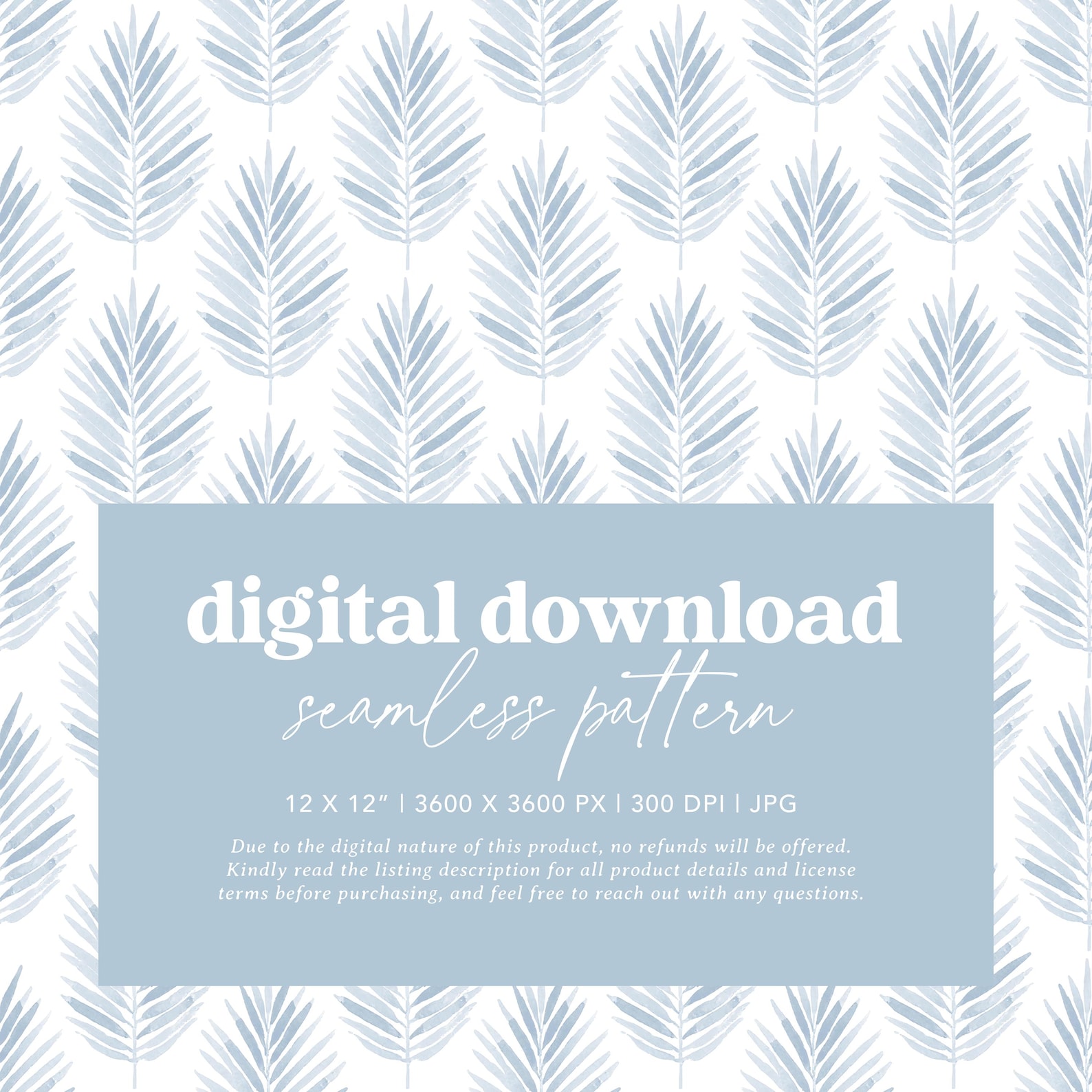 Blue Palm Leaf Seamless Pattern, Beach Coastal Repeating Pattern, Palm ...