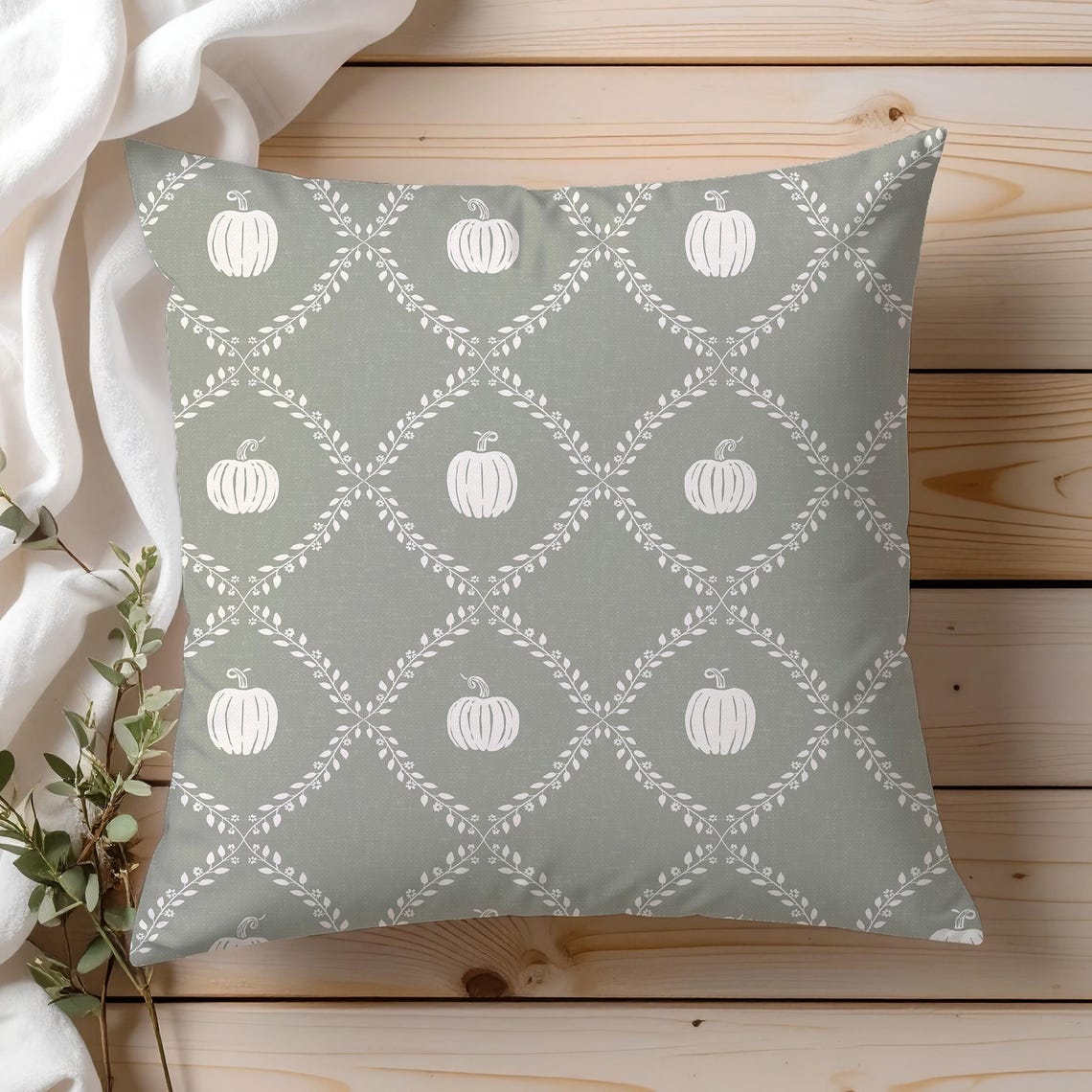 Sage Green Pumpkin Floral Seamless Pattern, Rustic Fall Pumpkin Trellis ...