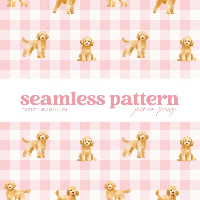 Pink Gingham Golden Doodle Seamless Pattern, Goldendoodle Dogs ...