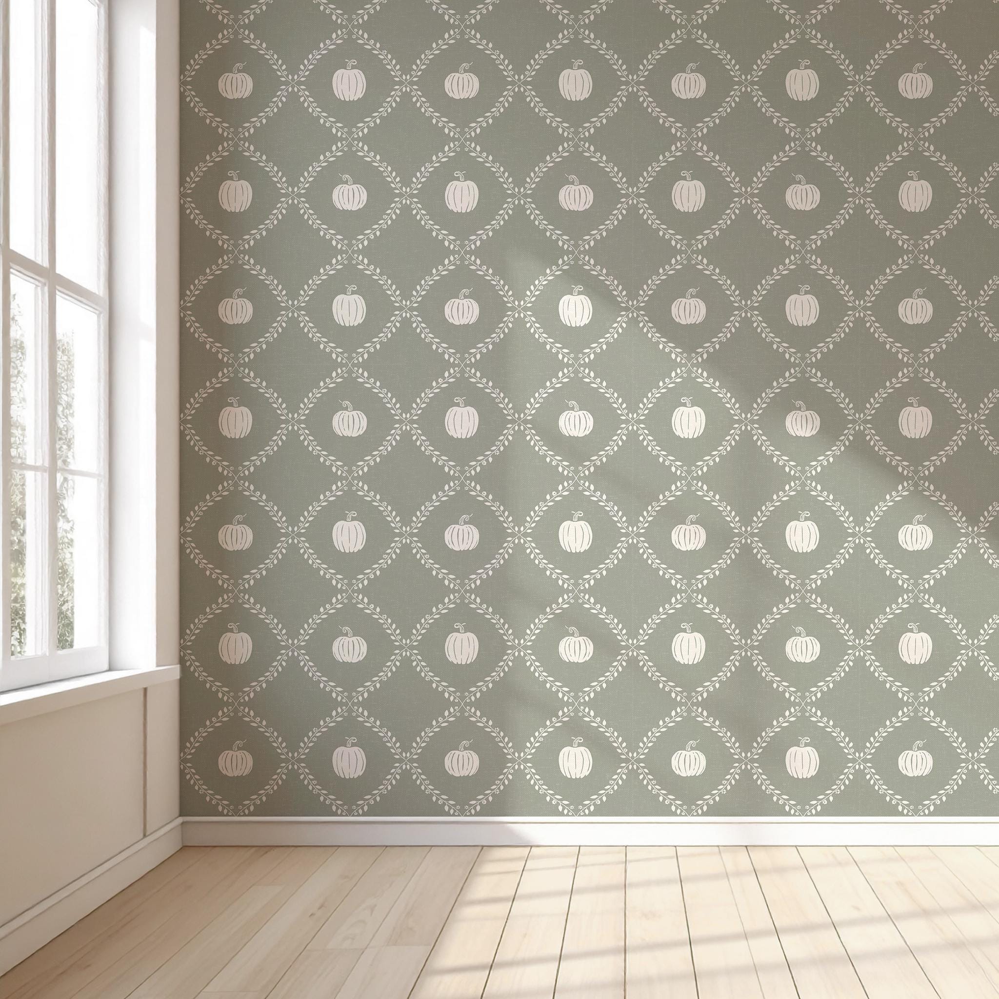 Sage Green Pumpkin Floral Seamless Pattern, Rustic Fall Pumpkin Trellis ...