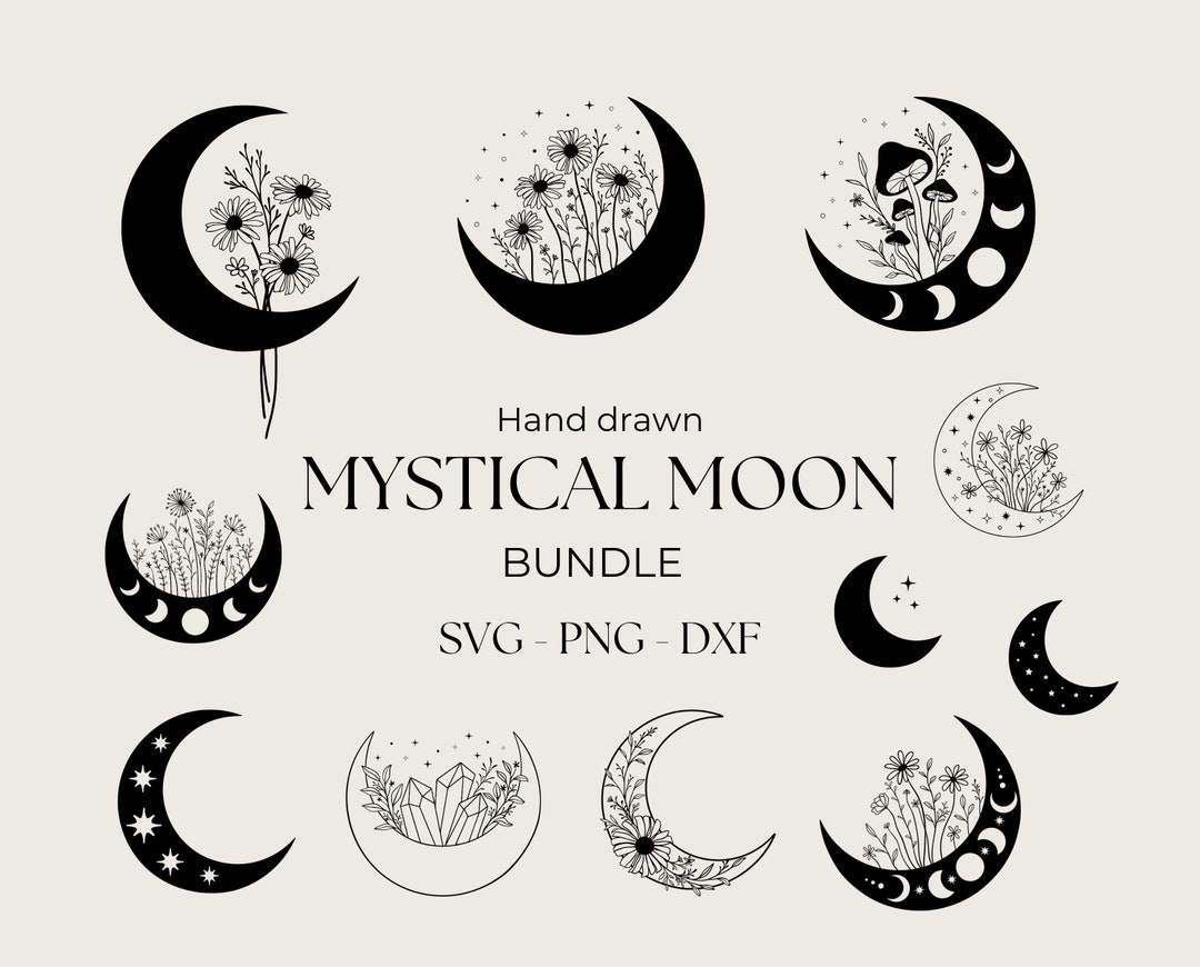 Mystical Moon Bundle, Crescent Moon Svg, Floral Moon Svg, Boho Half ...