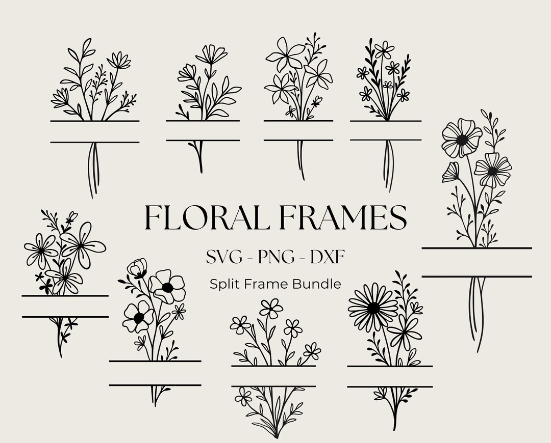 Split Frame Svg, Floral Monogram Frame Svg, Wildflower Svg, Hand-drawn ...