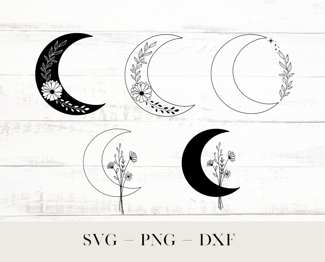 Floral Moon Svg Crescent Moon With Flowers Svg Botanical - Etsy