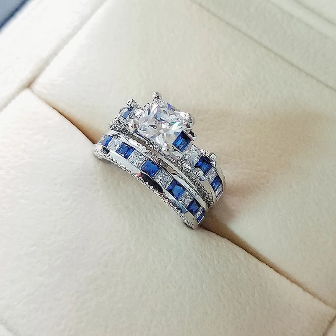 Square Blue Jewelry Wedding Rings Set Royal Designclassic - Etsy
