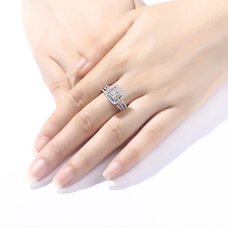 New Luxury 925 Sterling Silver Halo Rose Gold Ring Square - Etsy