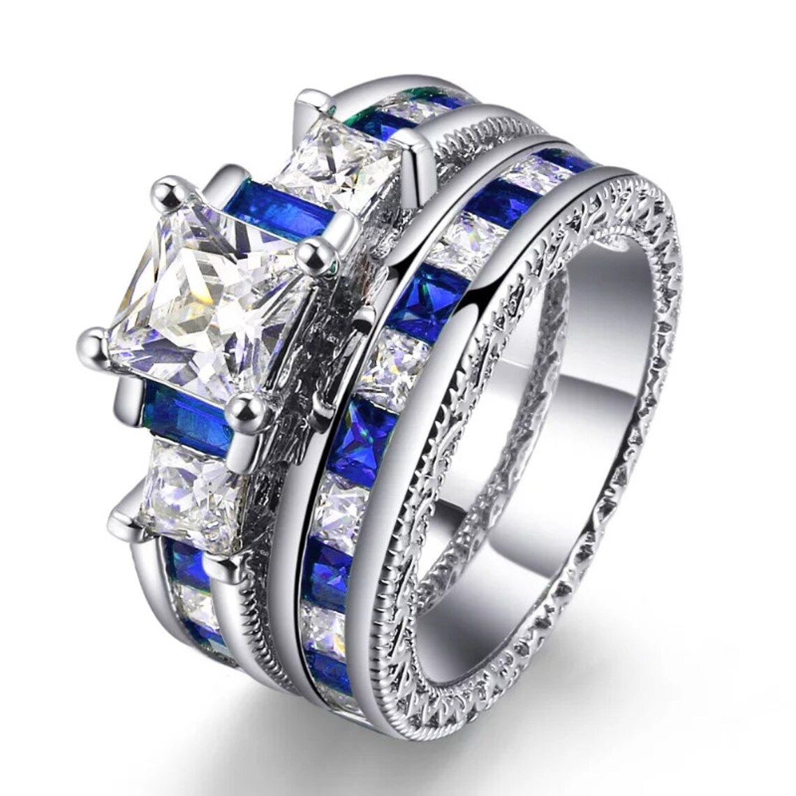 Square Blue Jewelry Wedding Rings Set Royal Designclassic - Etsy