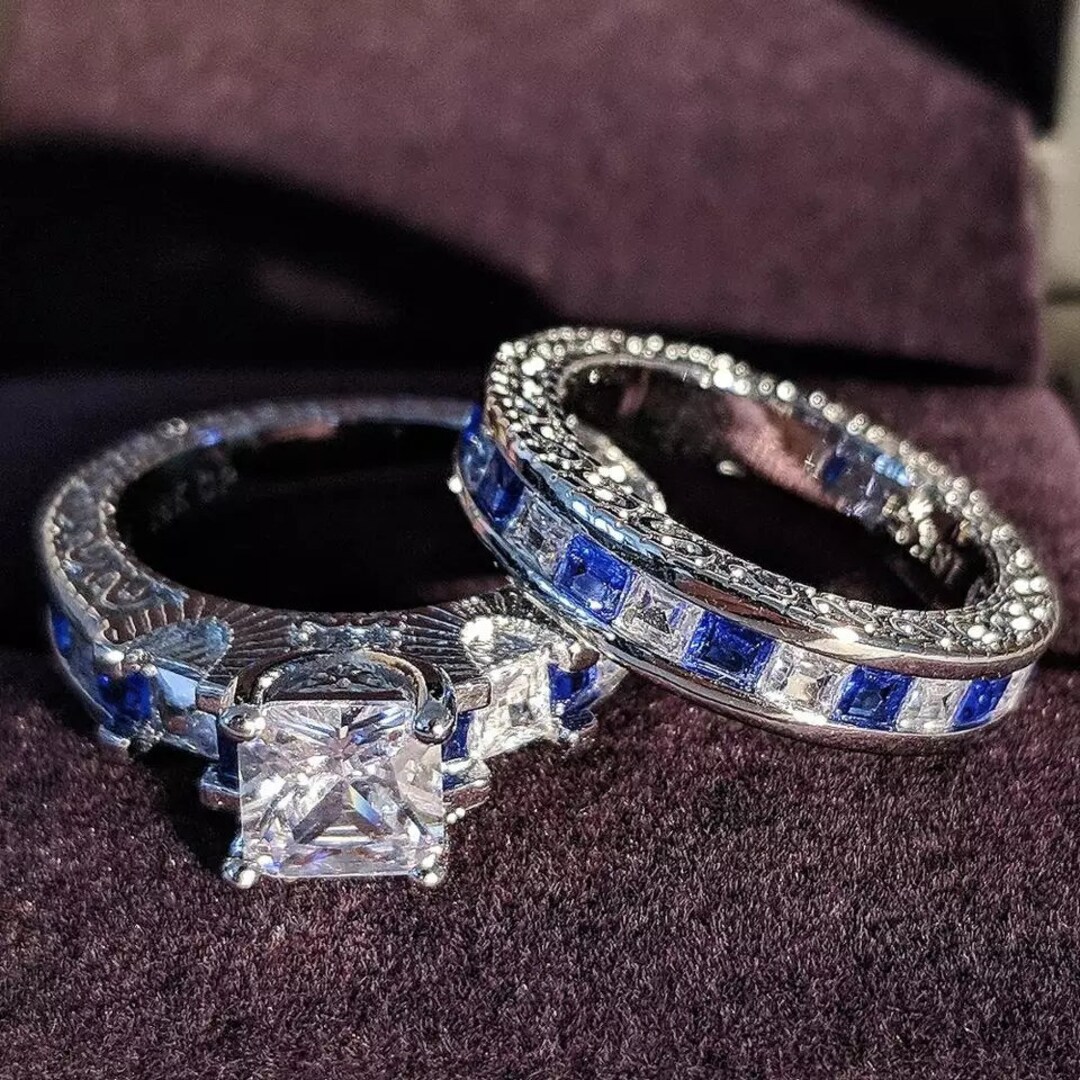 Square Blue Jewelry Wedding Rings Set Royal Designclassic - Etsy