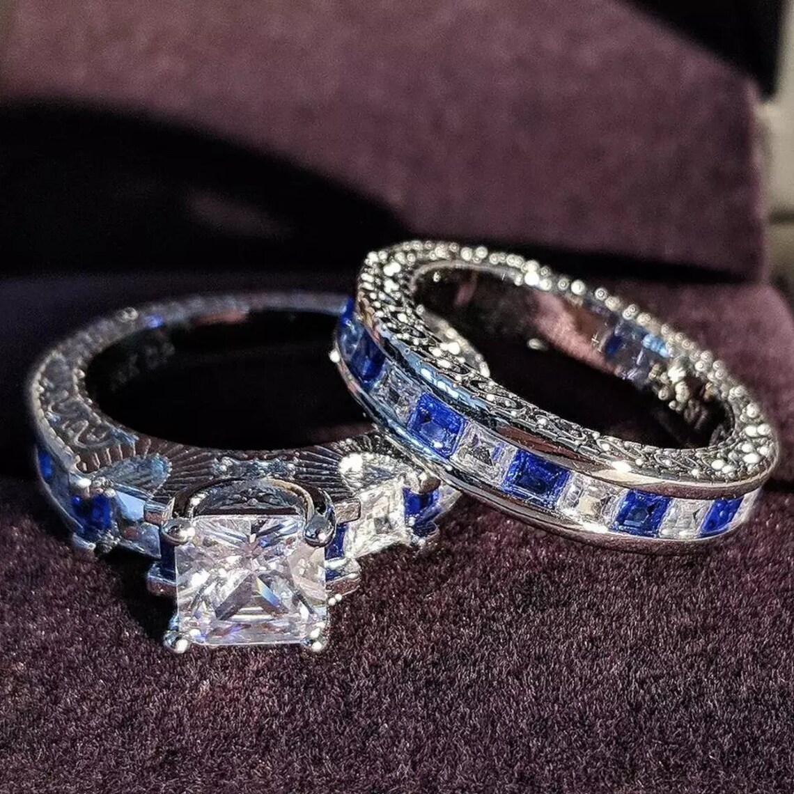 Square Blue Jewelry Wedding Rings Set Royal Designclassic - Etsy