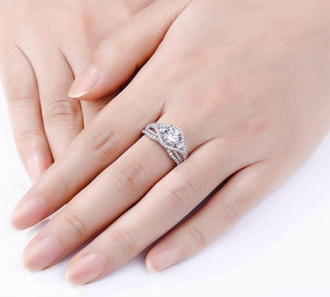 Women's 925 Sterling Silver Wedding Ring Sets Round Cut Cz Engagement ...