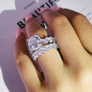 Luxury Round Square Stone Ring Set,925 Sterling Silver, Wedding Ring ...