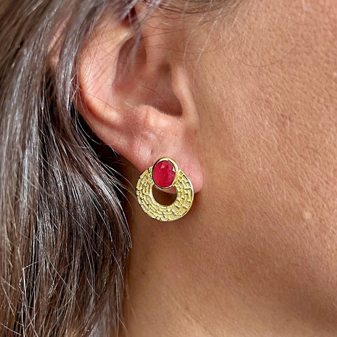 Mistral Gold Textured Hoop Pink Jade Semi Precious Gemstone Earrings - Etsy