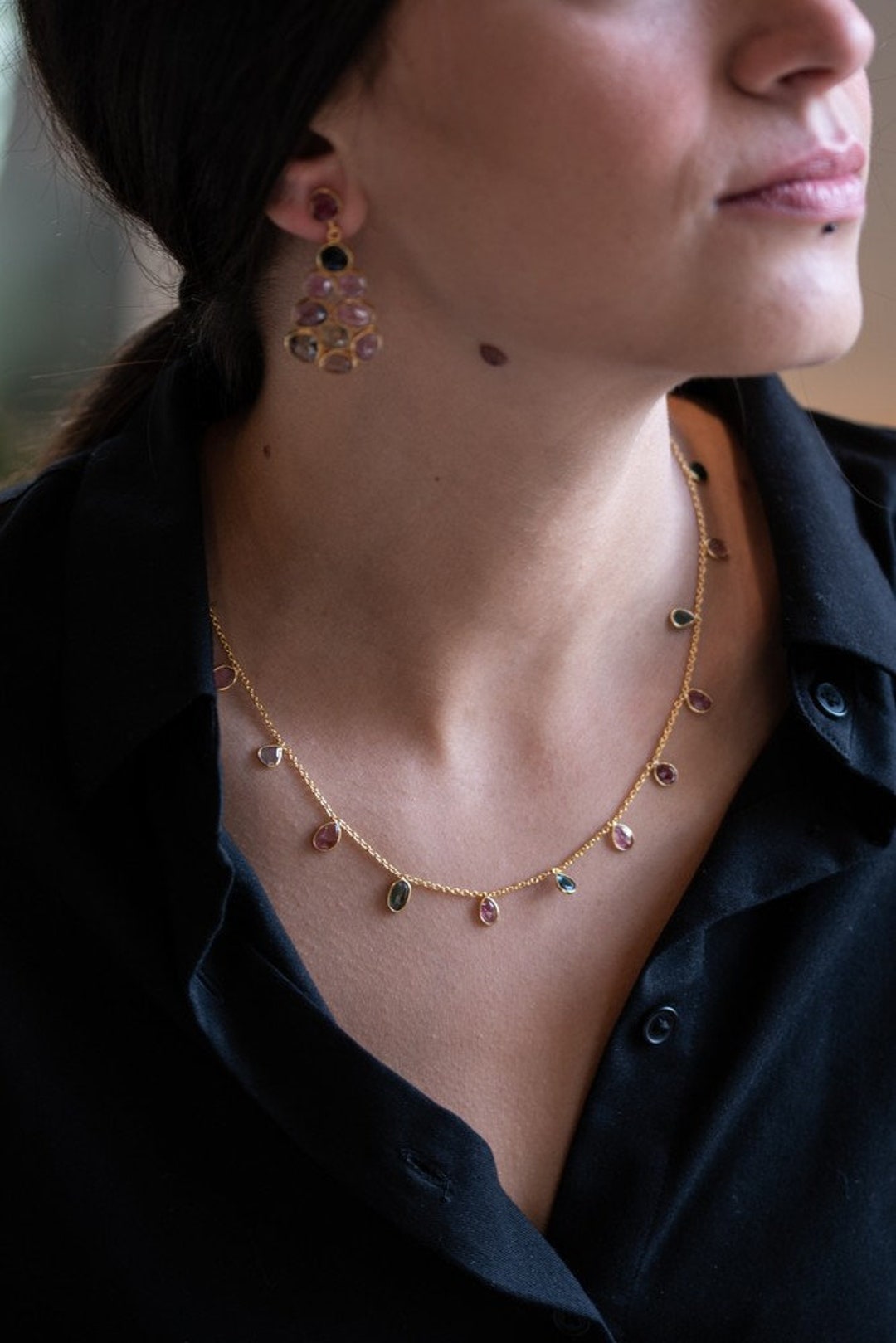Anya Watermelon Tourmaline Gemstone Adjustable Short Gold Necklace - Etsy
