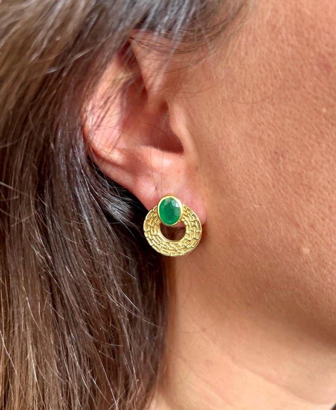 Mistral Gold Textured Hoop Emerald Quartz Gemstone Earring - Etsy